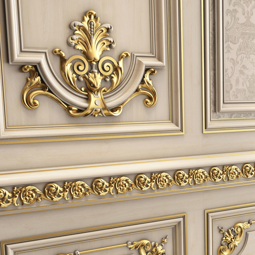 Ornate French Wall Panel with Wood Beading Trim and Flowers from Oak
