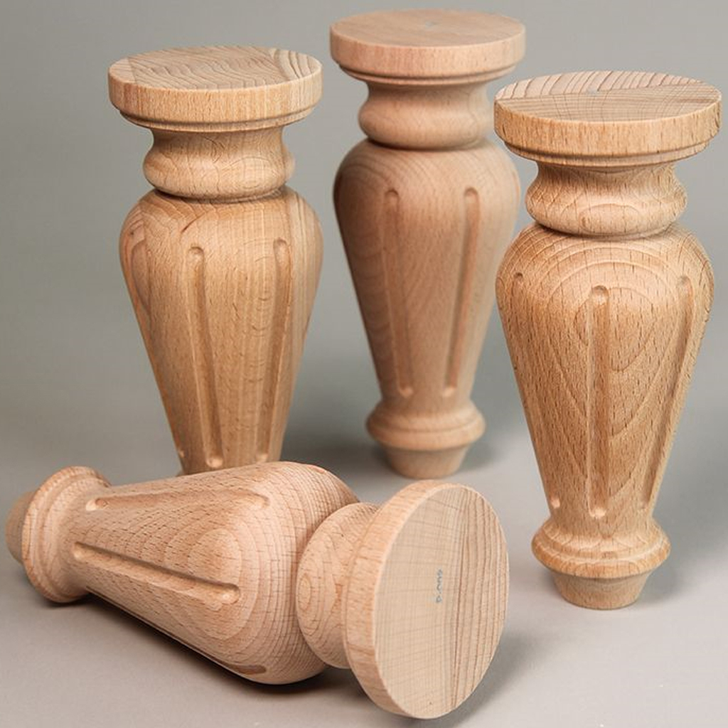 Rounded furniture feet with flutes from oak, beech for sofa, dresser