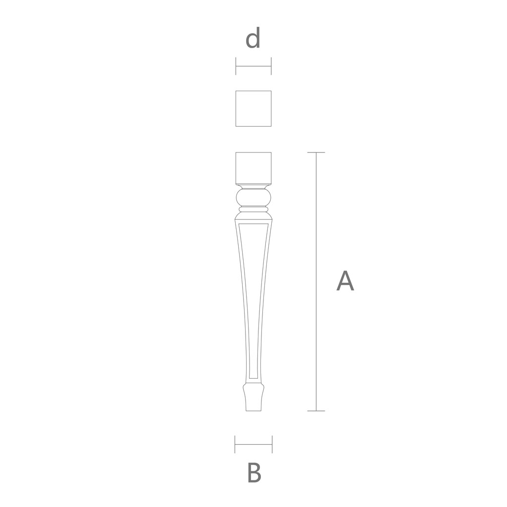 Square top tapered table legs with carved elements and spade foot