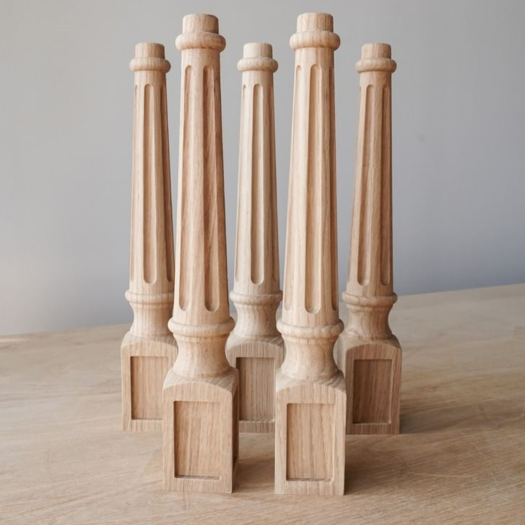 Oak tapered table legs fluted with carved squares contemporary