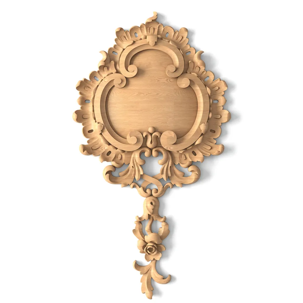 Medium Wood Cartouche Applique | Floral Drop Motif