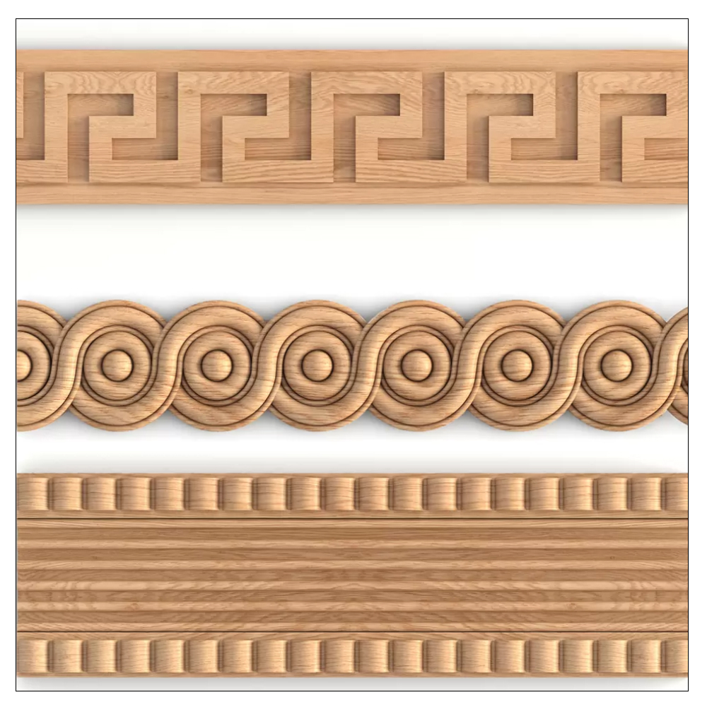 Carved wood mouldings with classical symmetry, structured patterns, and ...