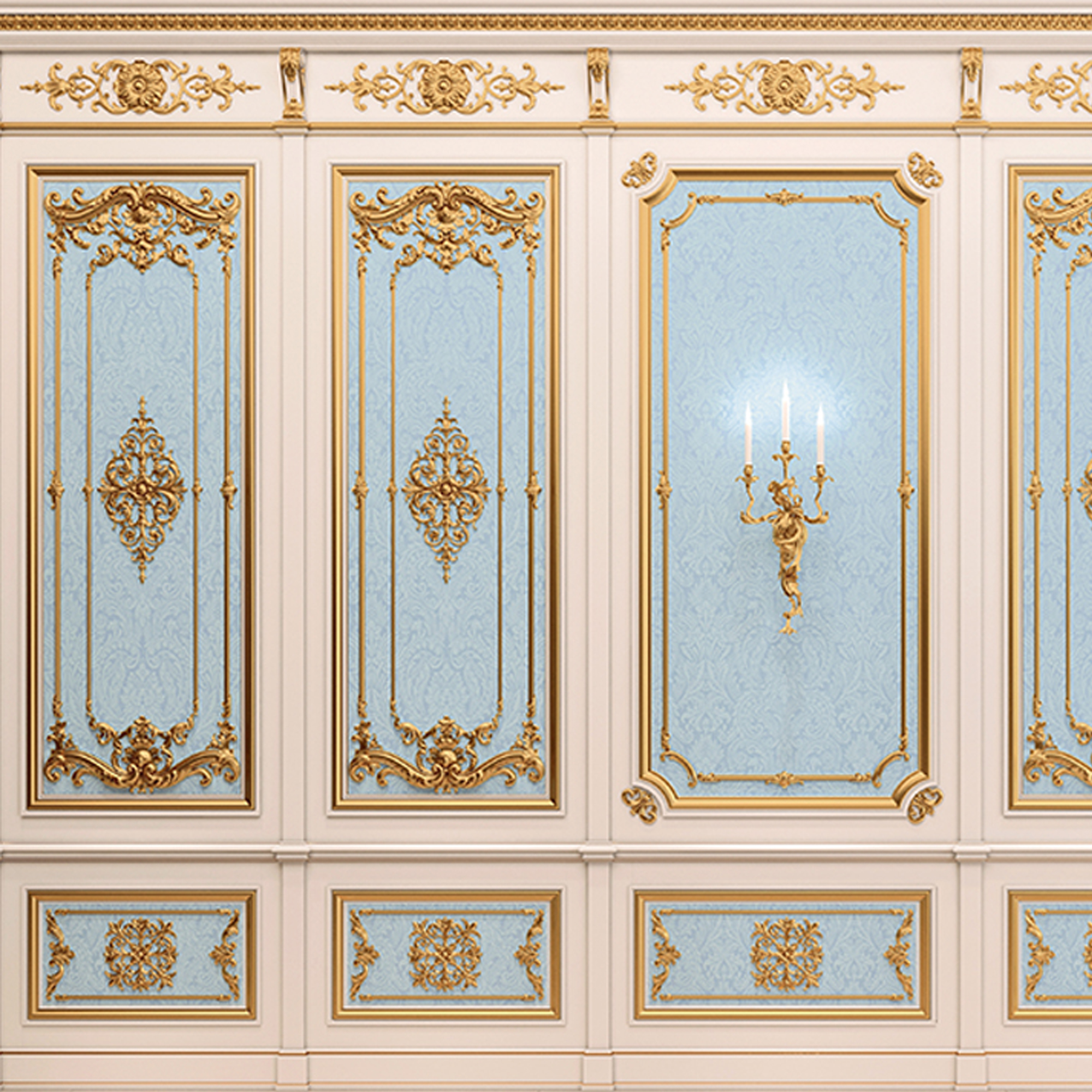 Ornate French Wall Paneling with Carved Scrolls and Floral elements