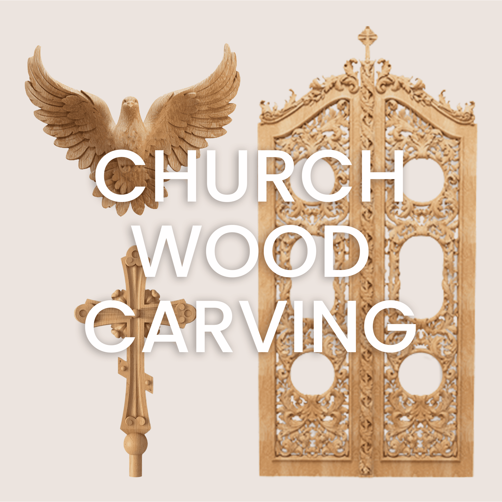 A collection of natural solid wood carvings for church furnishings.