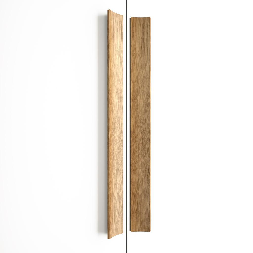 Handcrafted flat curved wooden cabinet handles quiet luxury style