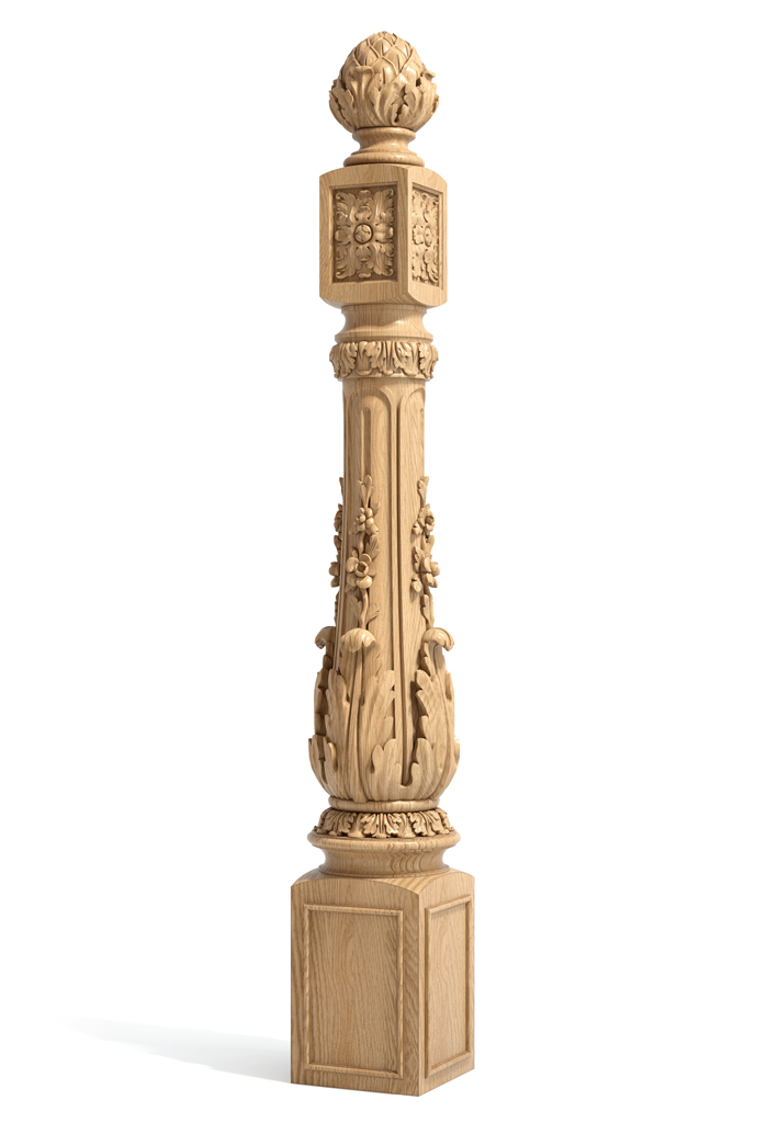 Wood carved newel post with floral ornament and acanthus leaf pattern