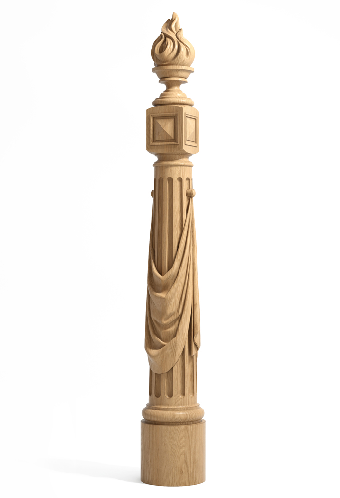 Round wood newel post for the stairs in Roman style with flame finial